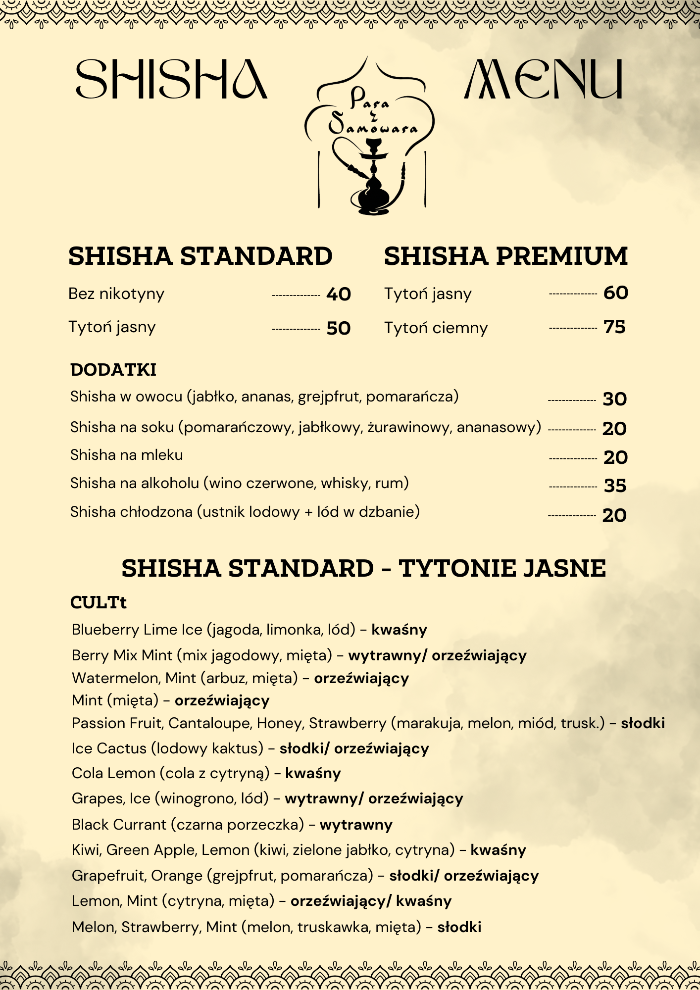 Shisha menu Białystok - Restauracja Atmosfera - Resto & Bar Białystok